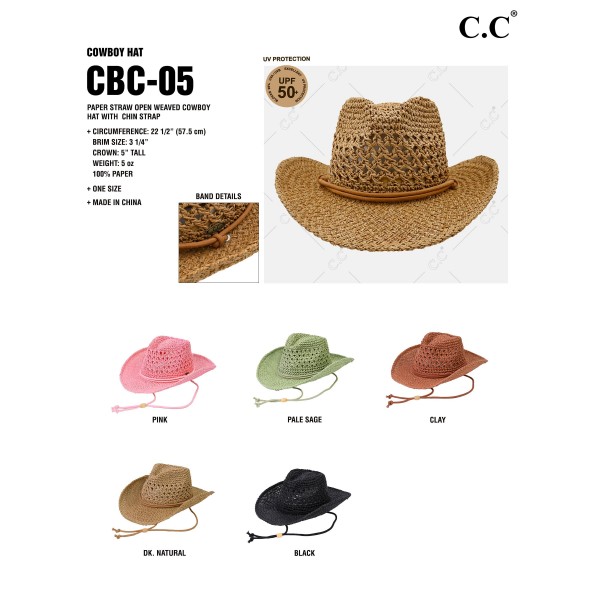 CBC-05 C.C Cowboy Hat Paper Straw Open Weaved Cowboy Hat With Chin ...