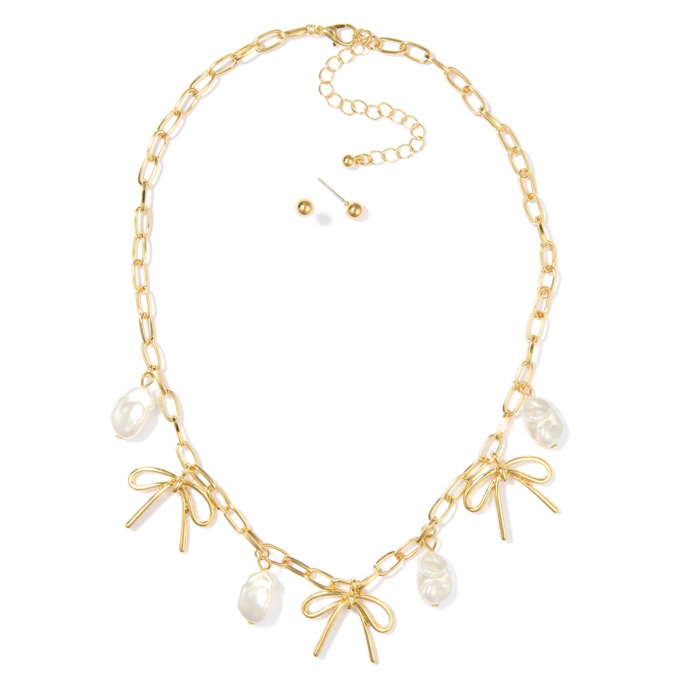 Chain Link Charm Necklace Featuring Metal Tone Bows & Baroque Pearl ...