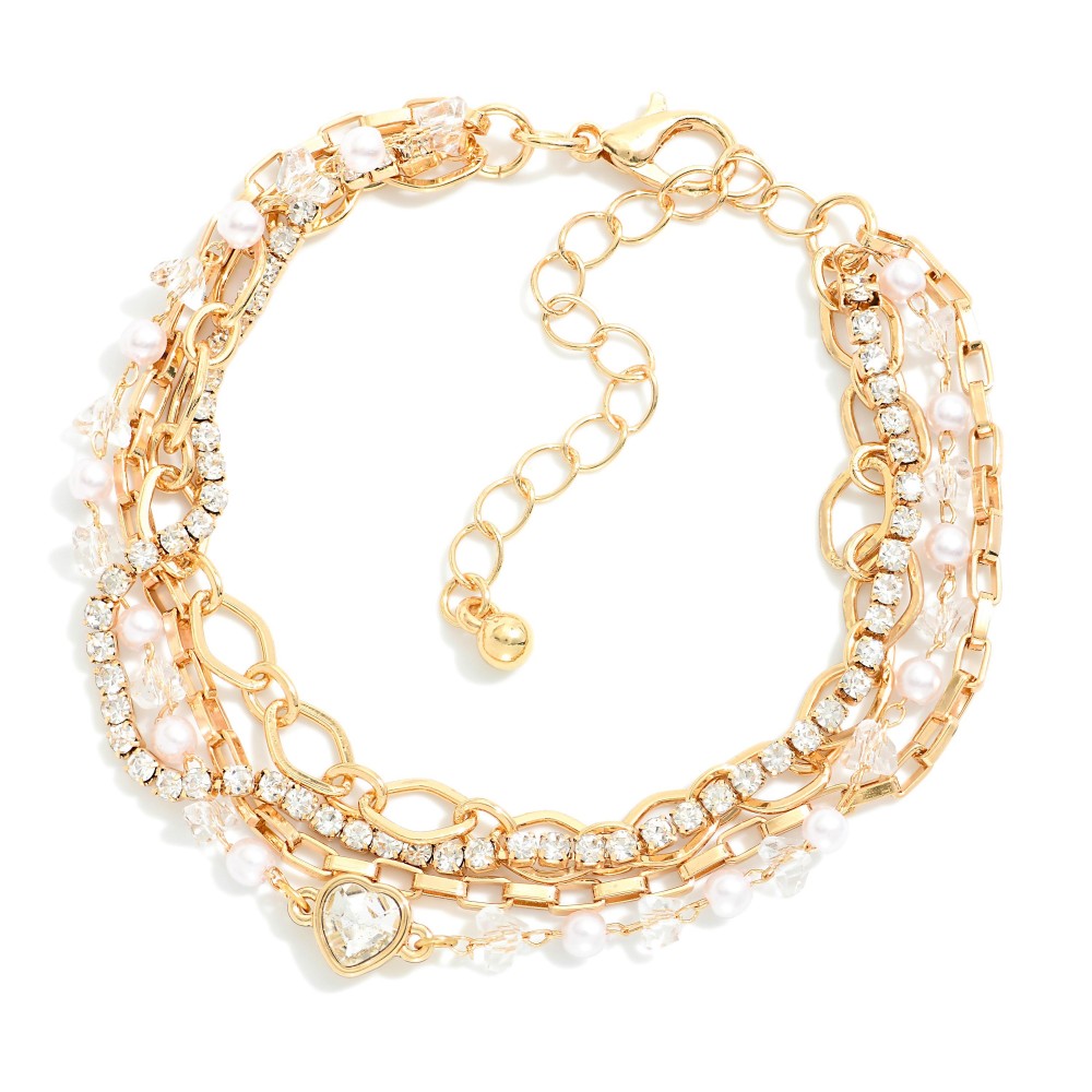 Layered Chain Link Bracelet Featuring Rhinestones & Pearls ...
