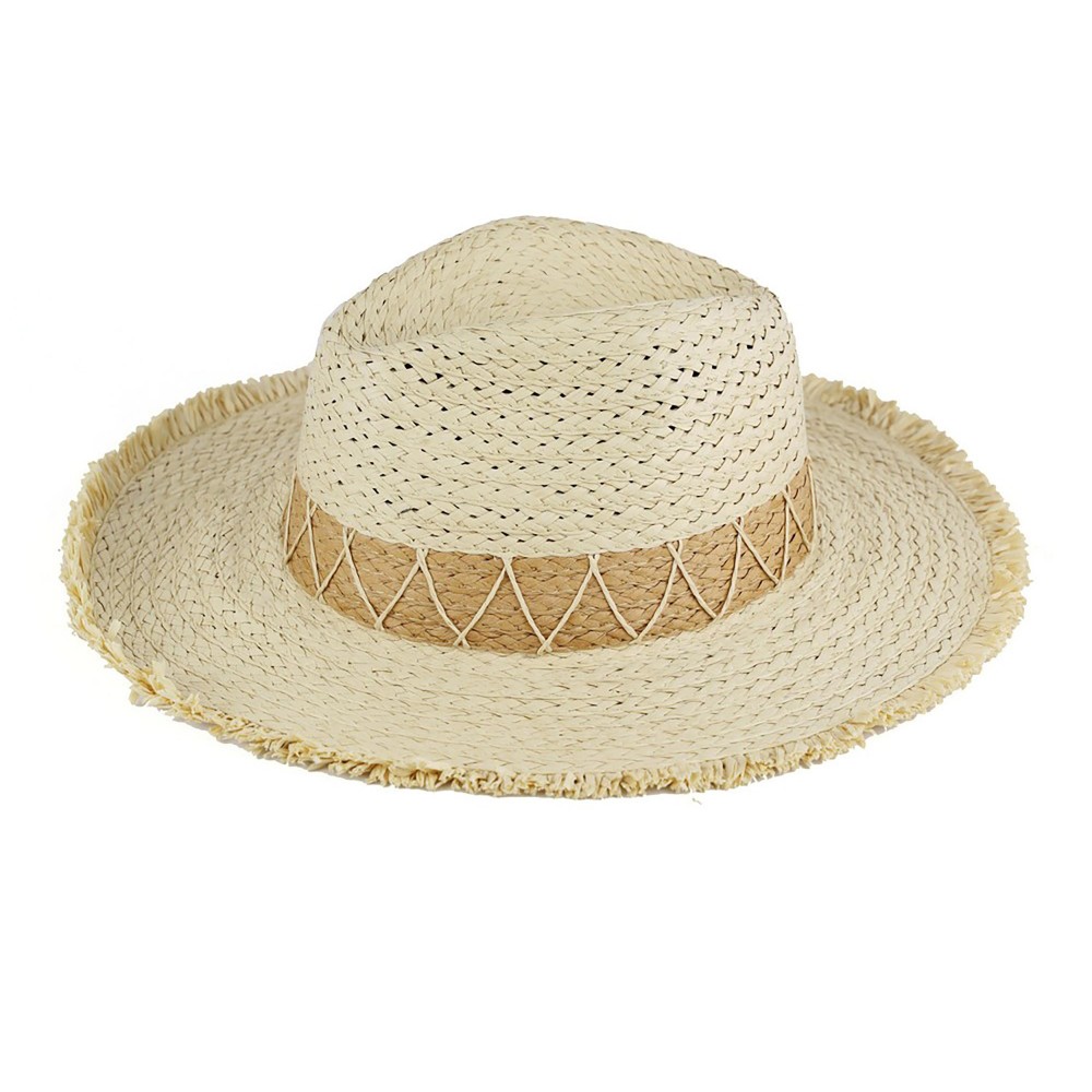 Straw Sun Hat With Chevron Band & Frayed Edge - One Size Fits Most ...