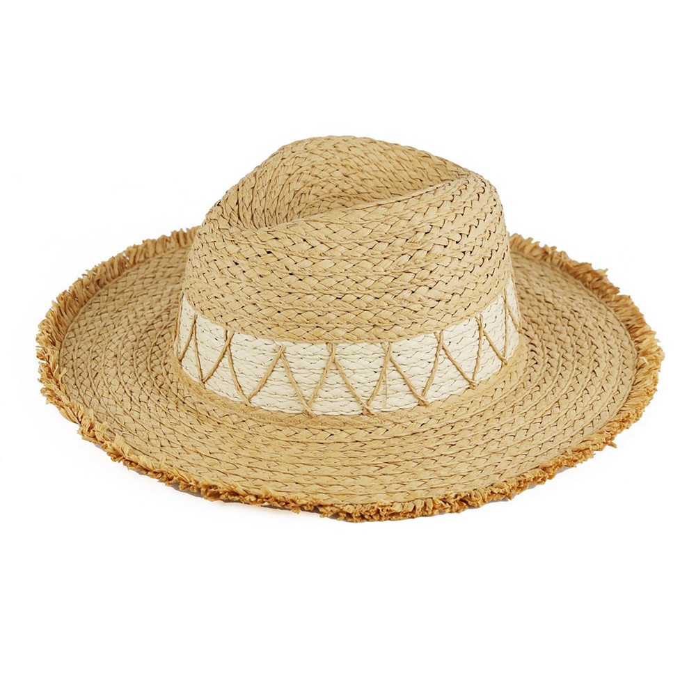 Straw Sun Hat With Chevron Band & Frayed Edge - One Size Fits Most ...