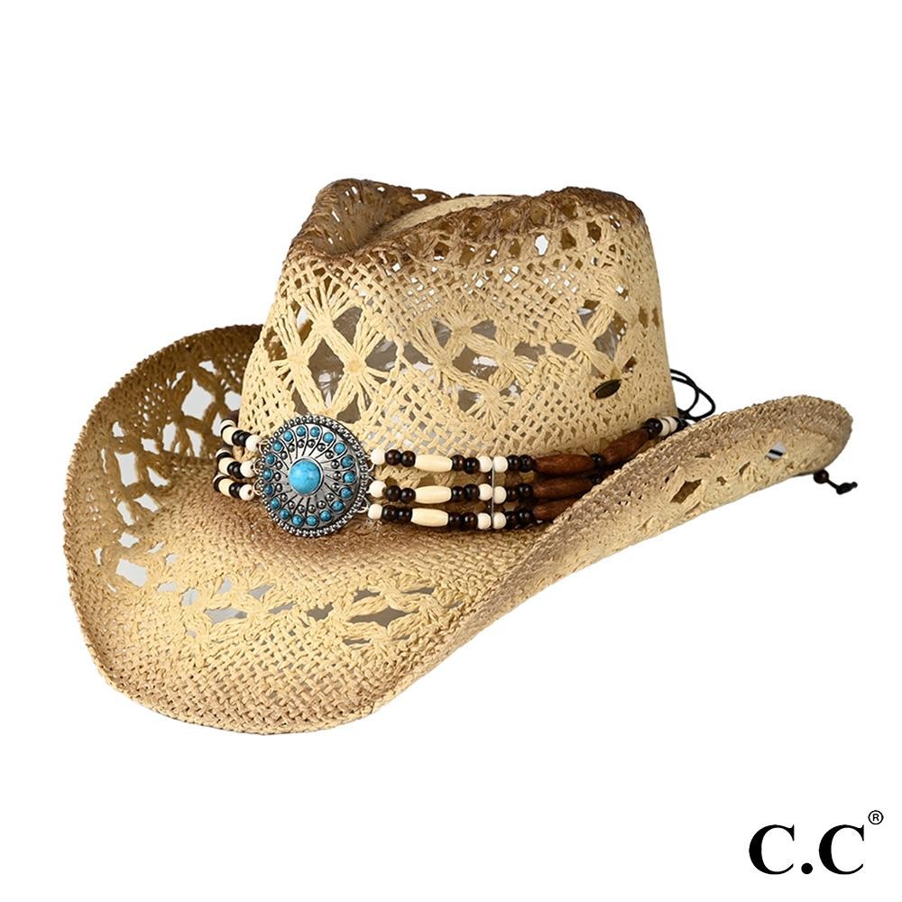 C.C CBC0021 Tea Stained Open Weaved Cowboy Hat With Western Wooden Bead ...