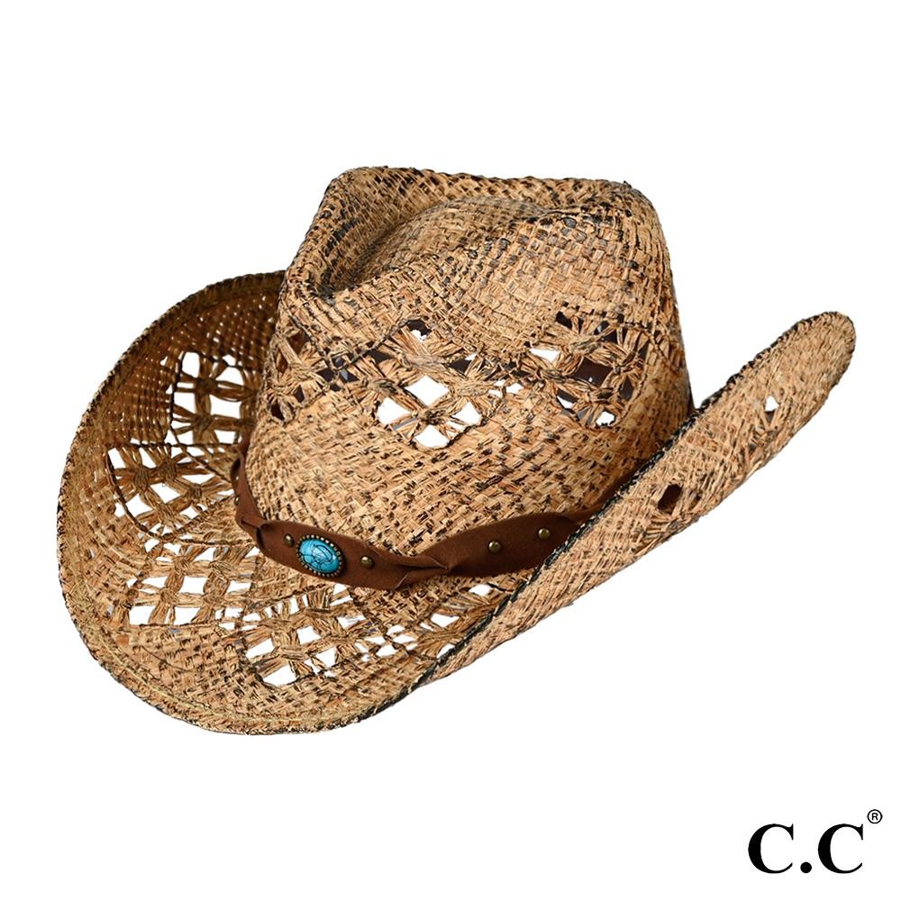 C.C CBT0003 Tea Stained Raffia Cowboy Hat With Decorative Faux Leather ...