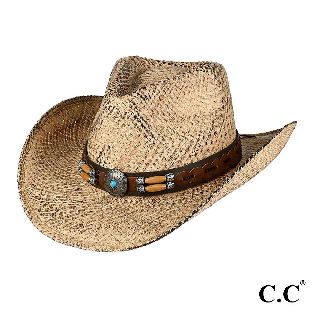 C.C CBT0004 Tea Stained Raffia Cowboy Hat With Embellished Faux Leather ...