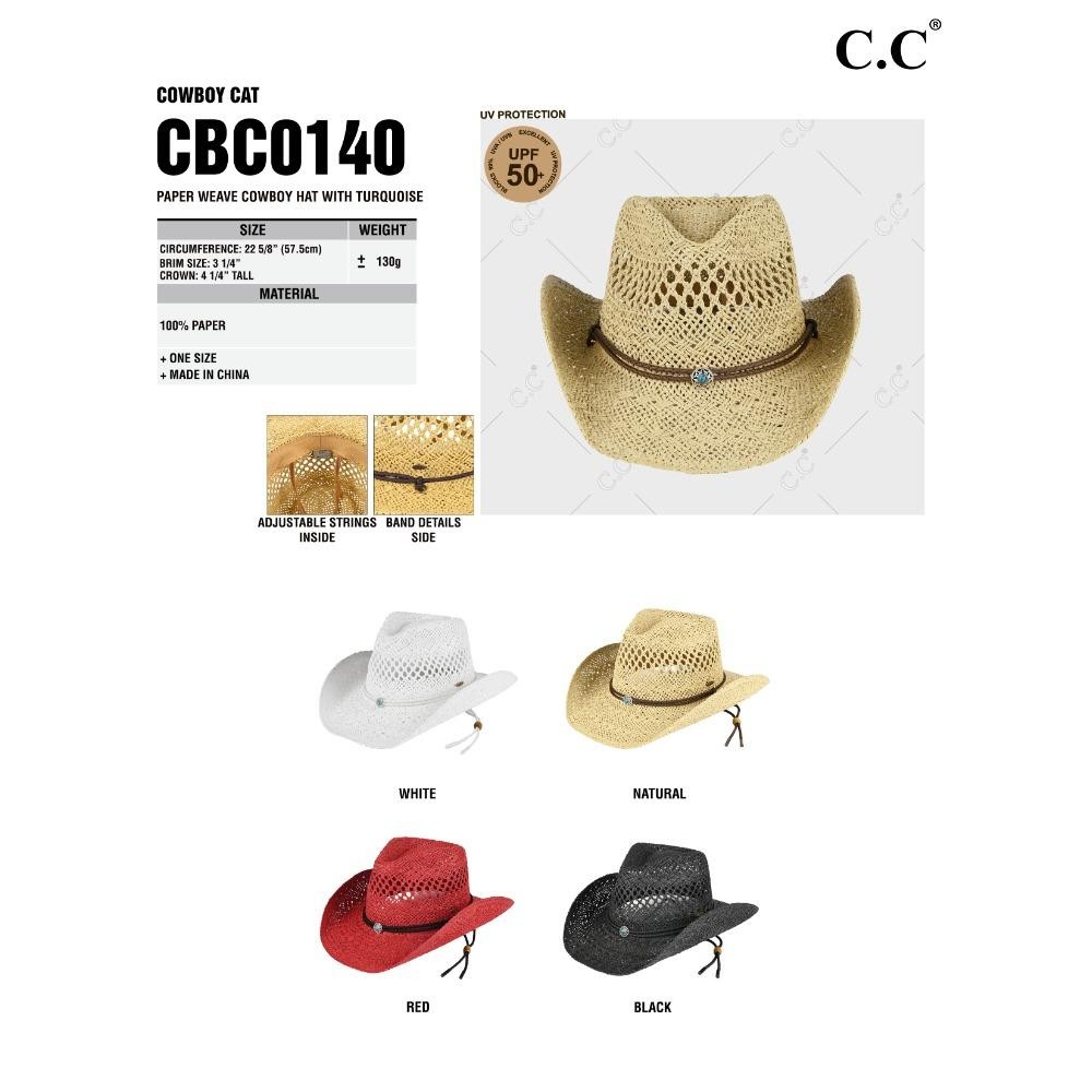 C.C CBC-0140 Cowboy Hat Paper Weave Cowboy Hat With Turquoise - One ...