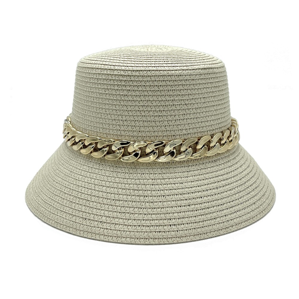 Straw Bucket Hat With Chain Link Trim - One Size Fits Most - Adjustable ...
