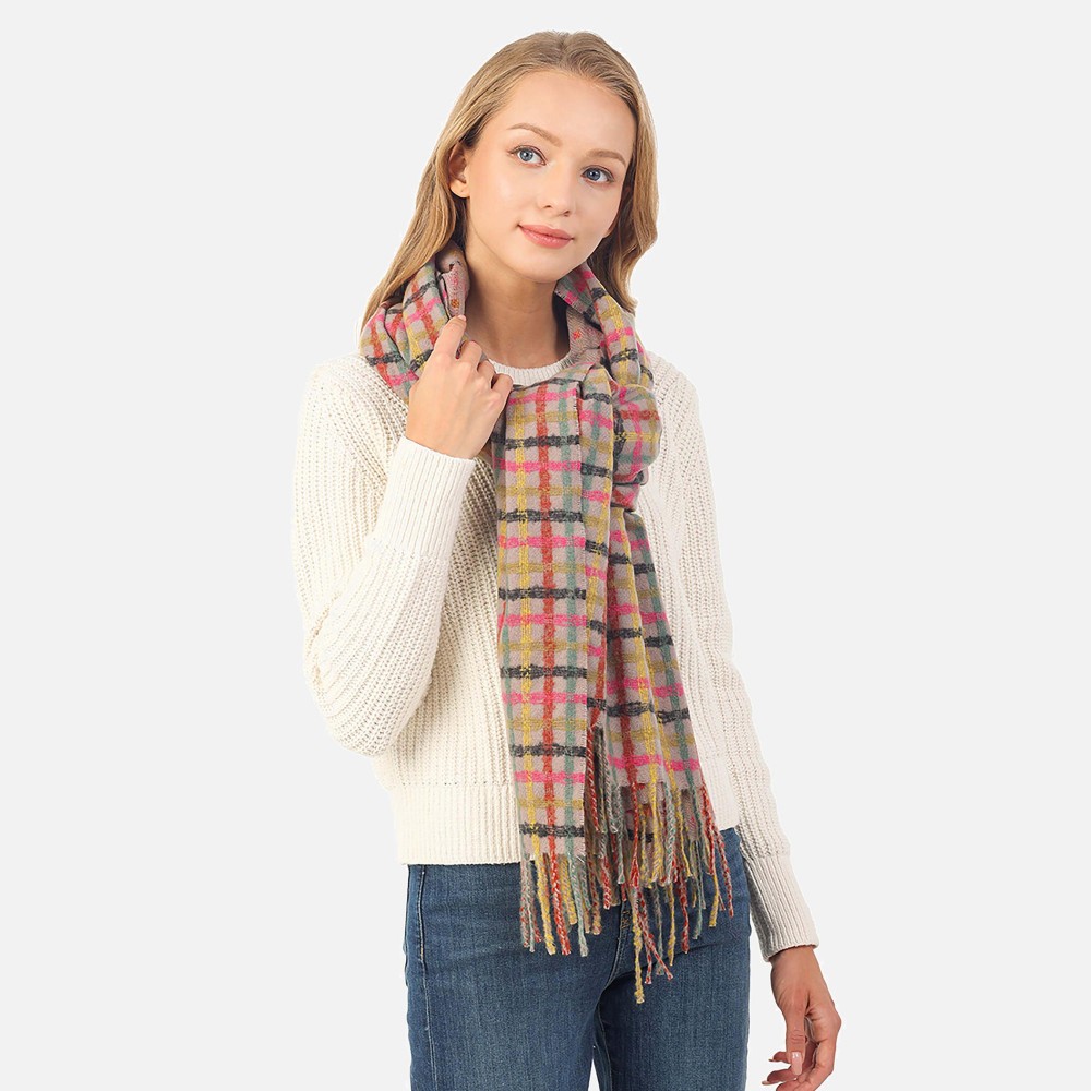 Soft Knit Plaid Scarf With Fringe Ends - Approximately 78" L x 26.5"W ...