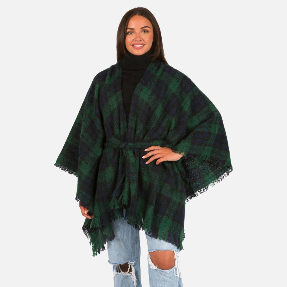 Soft Knit Plaid Ruana Wrap With Tie & Fringe Detail - One Size Fits ...