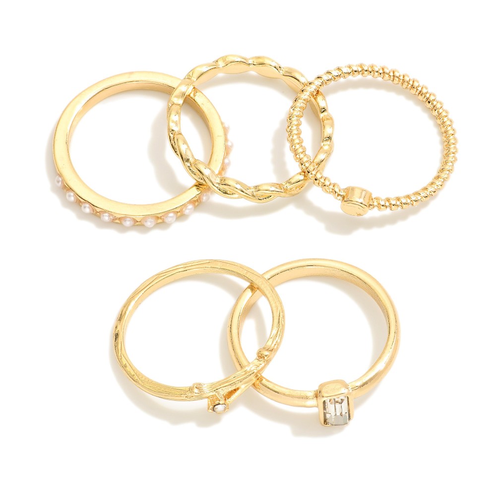 Set Of Five Metal Tone Stackable Rings With Rhinestone & Pearl Accents - Size 7 | 87812 ...